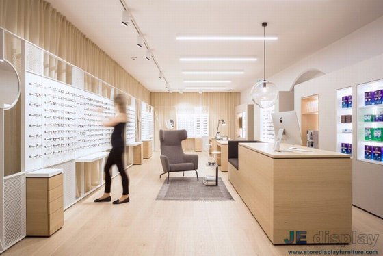 China Raw wood wind of Interior Design for Eye Glasses shop by Natural oak wood Display Counters and White Storage Cabinets supplier